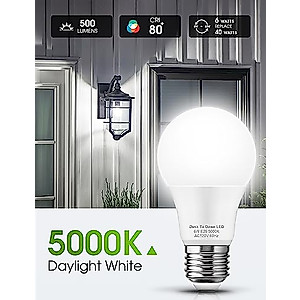 L LOHAS LED Dusk to Dawn LED Light Bulbs, 40W Equivalent LED Outdoor Lighting, Daylight 5000K, Automatic On/Off Outdoor Light, A19 6W Bright Porch Light Bulbs, 500LM E26 for Garage Patio, 4 Pack