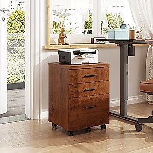 DEVAISE 3 Drawer File Cabinet for Home Office, Wood Under Desk Filing Cabinet, Rolling Printer Stand with Wheels, Walnut