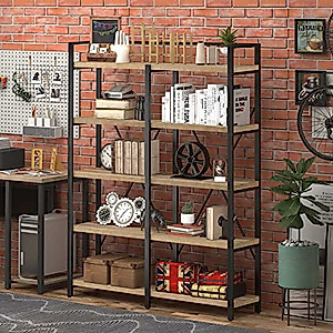 FATORRI Bookshelf, Industrial 5 Tier, Rustic Wood Etagere Bookcase, Metal Tall Book Shelf with Large Open Shelving Unit (Rustic Oak, 51 Inch Wide)