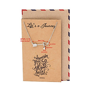 quan jewelry Arrow Necklace with Heart Charm Sideways Arrow Pendant, Graduation Gifts Dream Necklace with Inspirational Quote Greeting Card, Adjustable Chain 16" to 18" Silver Tone