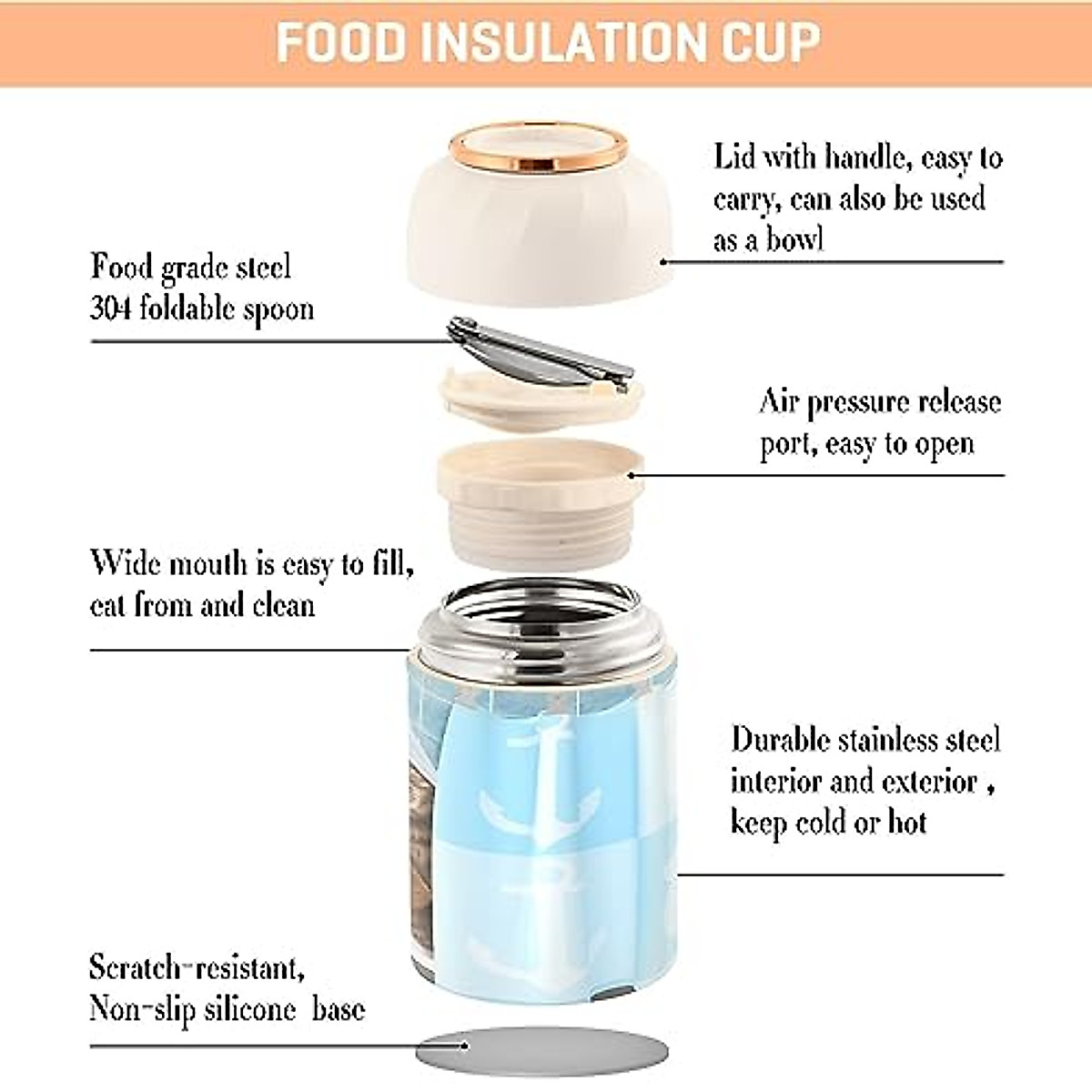 CUPADA Funny Cat Kitten Food Jar, Yellow Rubber Duck Insulated Hot Food Jars Vacuum 17OZ with Folding Spoon for Work Trip Picnic Camping