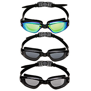 Sloosh Swim Goggles (3 Packs), Swimming Goggles for Adult Men Women Teens Youth (Aqua, Black, Dark Black)