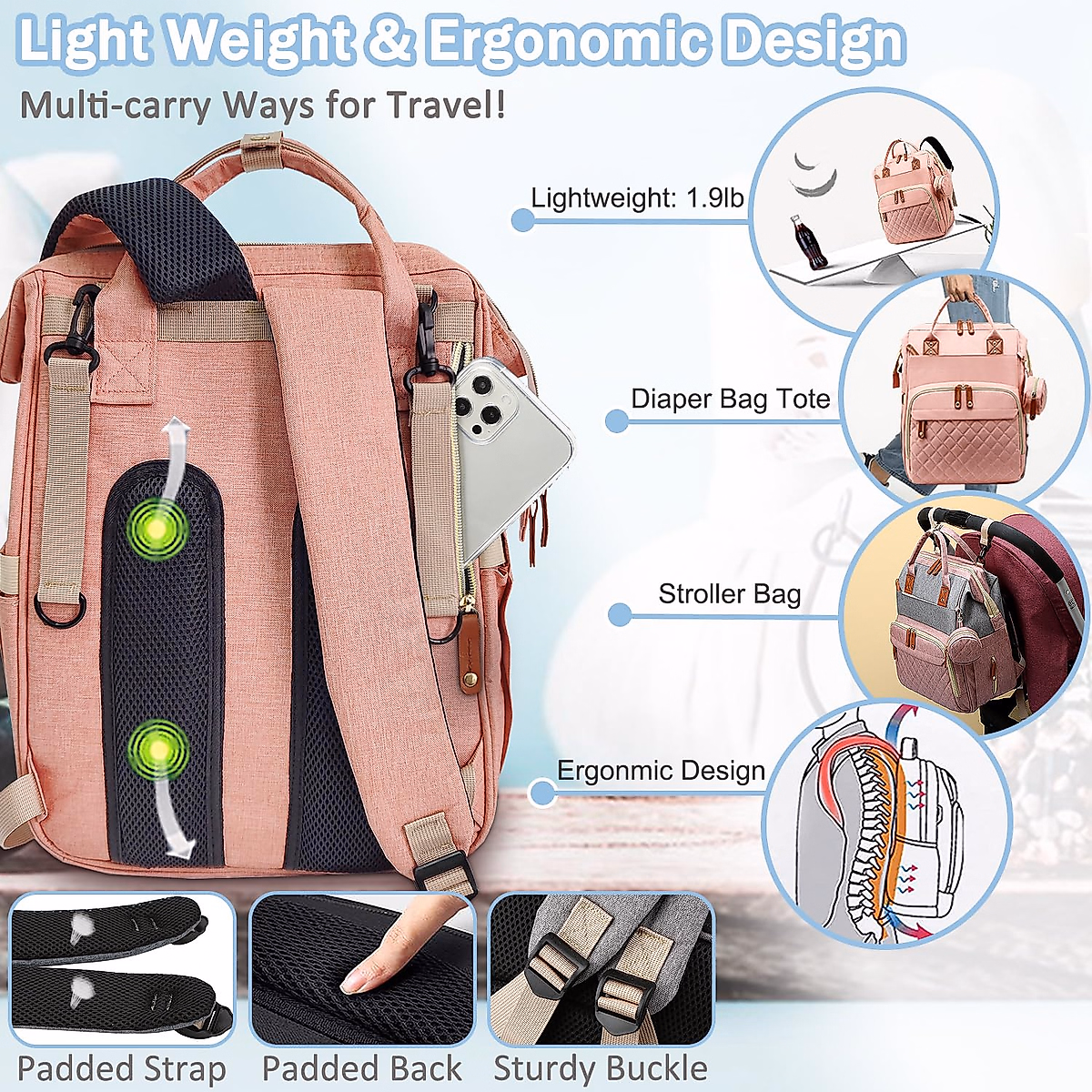 SHITIESHOU Diaper Bag Backpack Baby Bag, Baby Girl Boy Diaper Bag for Dad Mom with Pad,16 Pockets, Pacifier Case, Large Diaper Bag Unisex for Travel (Orange Pink)