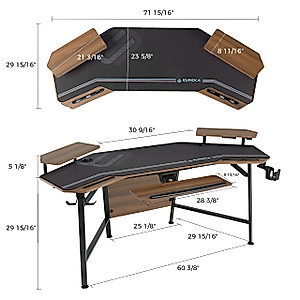 EUREKA ERGONOMIC 72" Computer Desk W Keyboard Tray, Wing-Shaped Music Studio Desk, Large Gaming Desk W LED Convertible Monitor Stand Dual Headphone Hanger for Recording Live Streamer, Walnut Wood