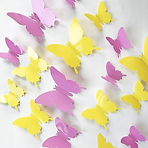 3D Yellow Butterfly Wall Stickers Yellow 24 pcs Removable Mural Stickers Wall Stickers Decal for Home and Room Decoration Kids Room Bedroom Decor Living Room Sticker (Yellow)