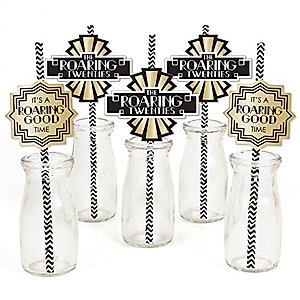 Roaring 20's - Paper Straw Decor - 1920s Art Deco Jazz Party Striped Decorative Straws - Set of 24