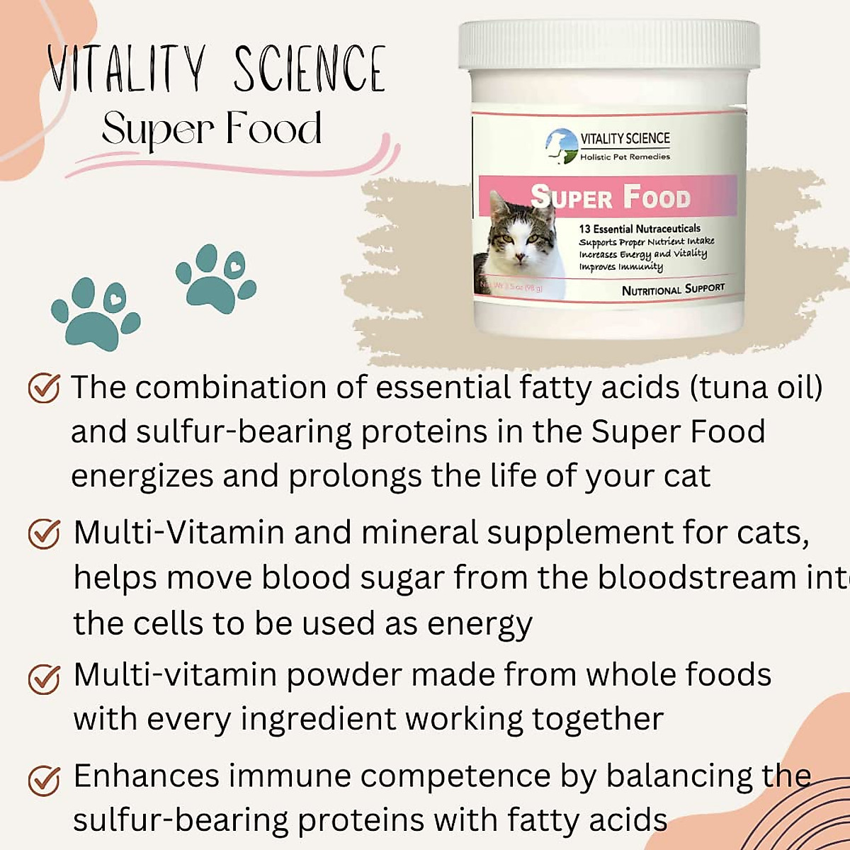 Vitality Science Super Food for Cats | High Potency Multi-Vitamin and Mineral Supplement | Increases Energy and Vitality | 100% Natural (60g)