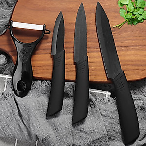 Ceramic Knife Set,Five piece 5" Utility Knife, 4" Fruit Knife, 3" Paring Knife and One Peeler，Ultra Sharp Professional Kitchen Chef Knives with Stain Resistant (Black)