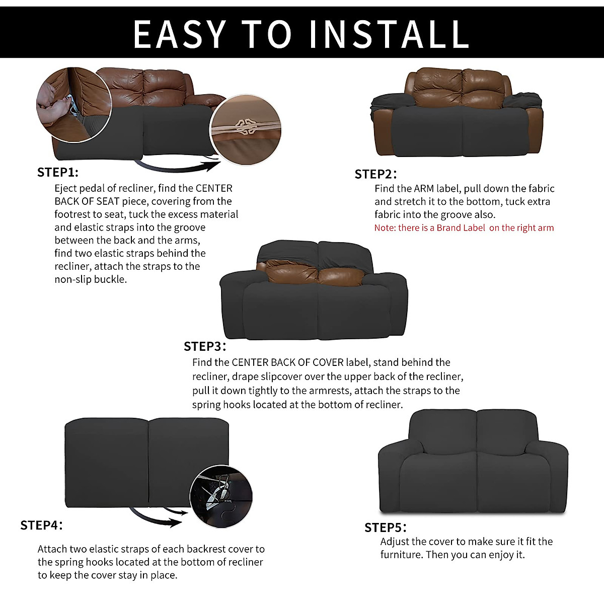 Easy-Going 100% Dual Waterproof Recliner Loveseat Cover, 6-Pieces Stretch Relining Sofa Cover with Pocket, Jacquard 2 Seat Sofa Slipcover Leakproof Washable (Loveseat, Dark Gray)