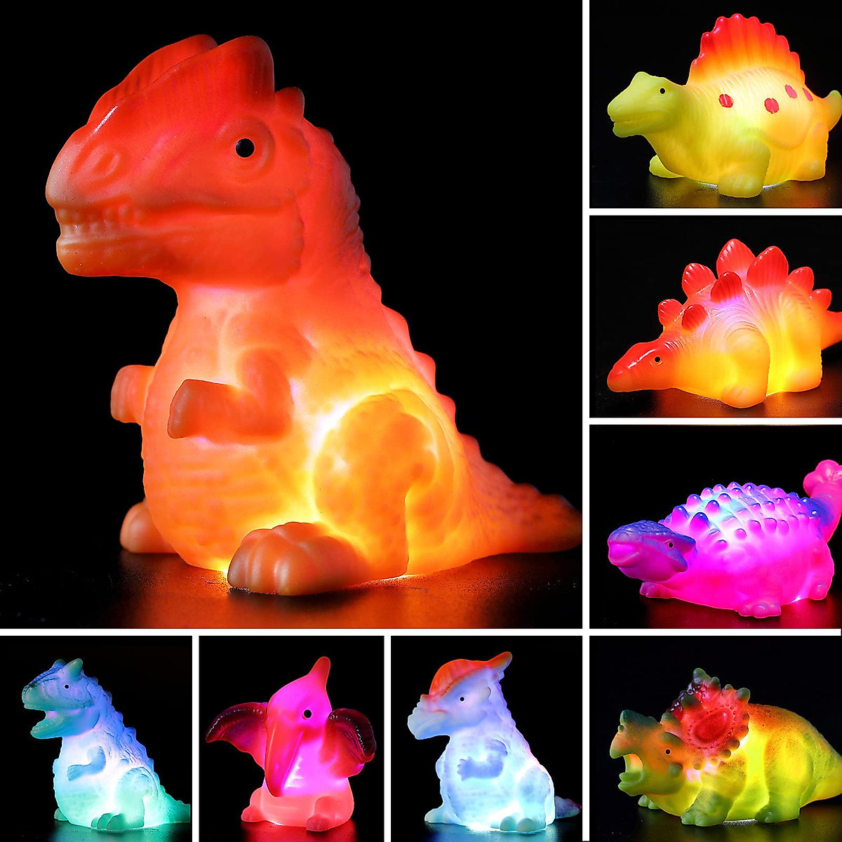 8 Pack light up No Hole Dinosaur Bath Toy Set, Flashing Color Changing Light in Water, Floating Dino Bathtub Bathroom tub Pool Toy for Baby Infant Kid Toddler Child Boy Girl Preschool in Christmas