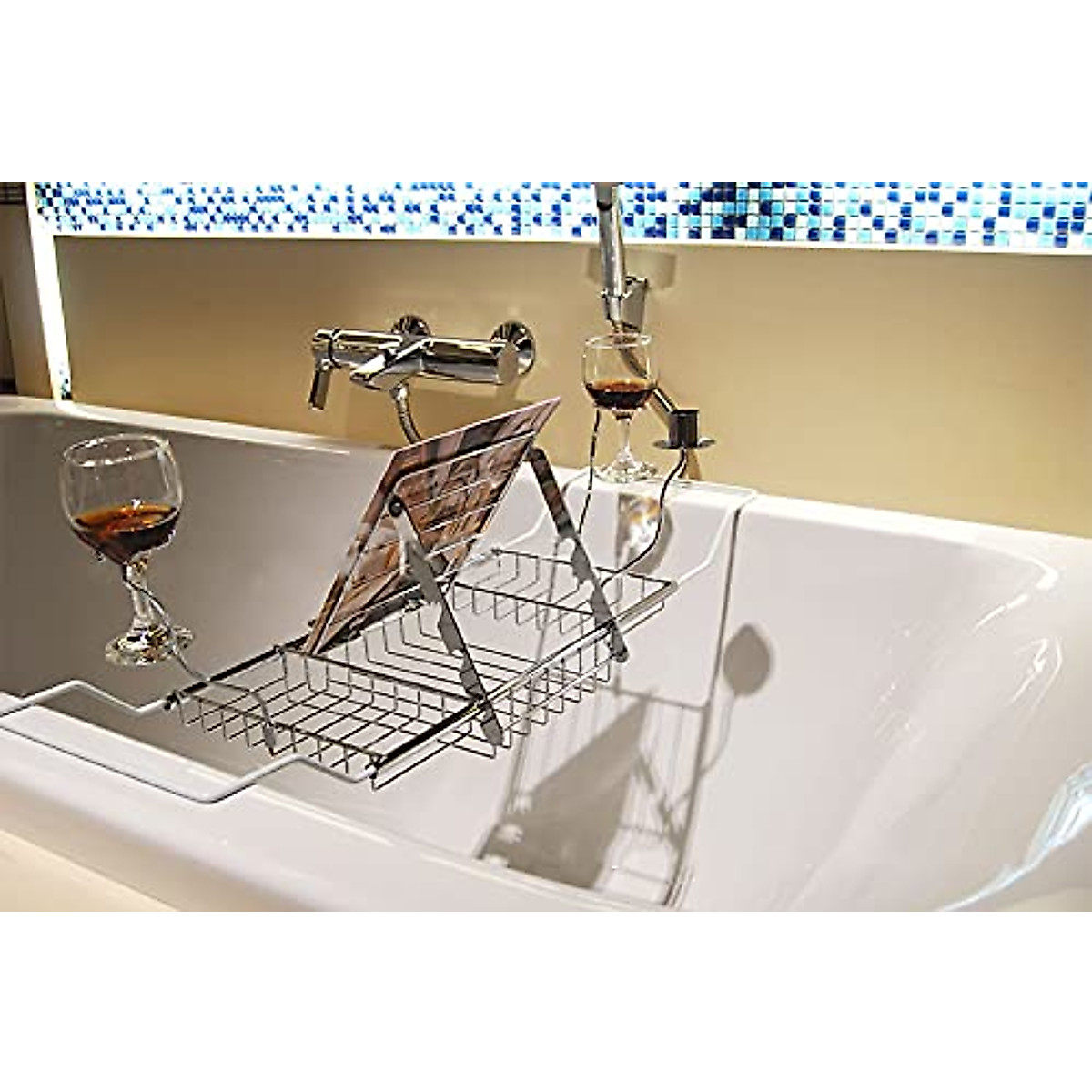 ZHYIYI Stainless Steel Bathtub Caddy Tray,Over Bath Tub Racks Organizer with Removable Wine Rack Book Candle Holder,Expandable Bath Tub Shelf for Reading Black