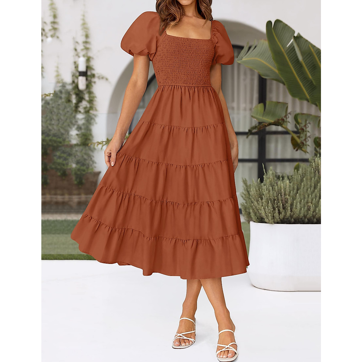 ZESICA Women's 2025 Summer Square Neck Short Puff Sleeve Solid Color High Waist Casual Smocked Flowy A Line Tiered Midi Dress,Rust,Small