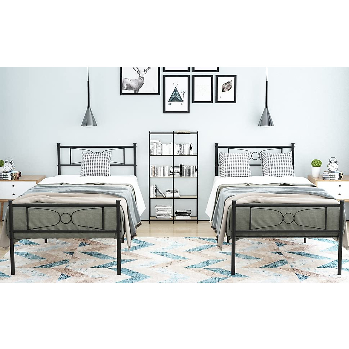 Metal Twin Bed Frames with Headboard for Boys Girls Adults Twin/Single Size Bed Frame No Box Spring Needed - Platform Beds Mattress Foundation with Storage for Student Teenager-Black