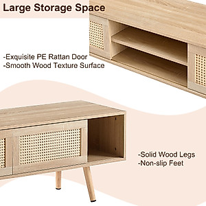 Rattan TV Stand Entertainment Center, 55" L TV Console Table Storage Cabinet Wooden Sliding Doors Plastic Rattan for Living Room Farmhouse Furniture (oak-55)