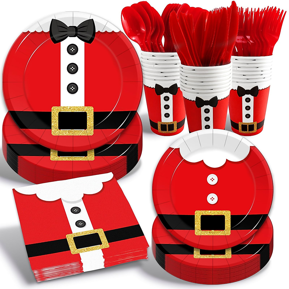 Kepeel 168 Pcs Santa Christmas Party Decorations, Santa Claus Suit Party Paper Plates Napkins Cups, Plastic Forks Knives Spoons Supplies for Winter Holiday Merry Christmas Party Disposable Tableware