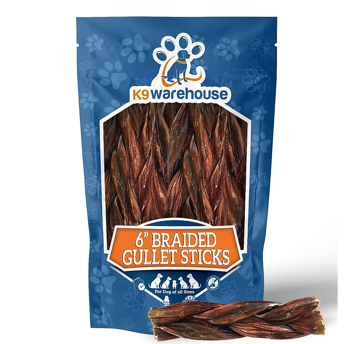K9warehouse Braided Gullet Sticks for Dogs - 6 Inch - 100% All Natural Dog Braided Bully Sticks - Low Odor - Bully Braided Sticks for Dogs - Dog Chew Treats for Small, Medium and Large Dogs (3 Count)