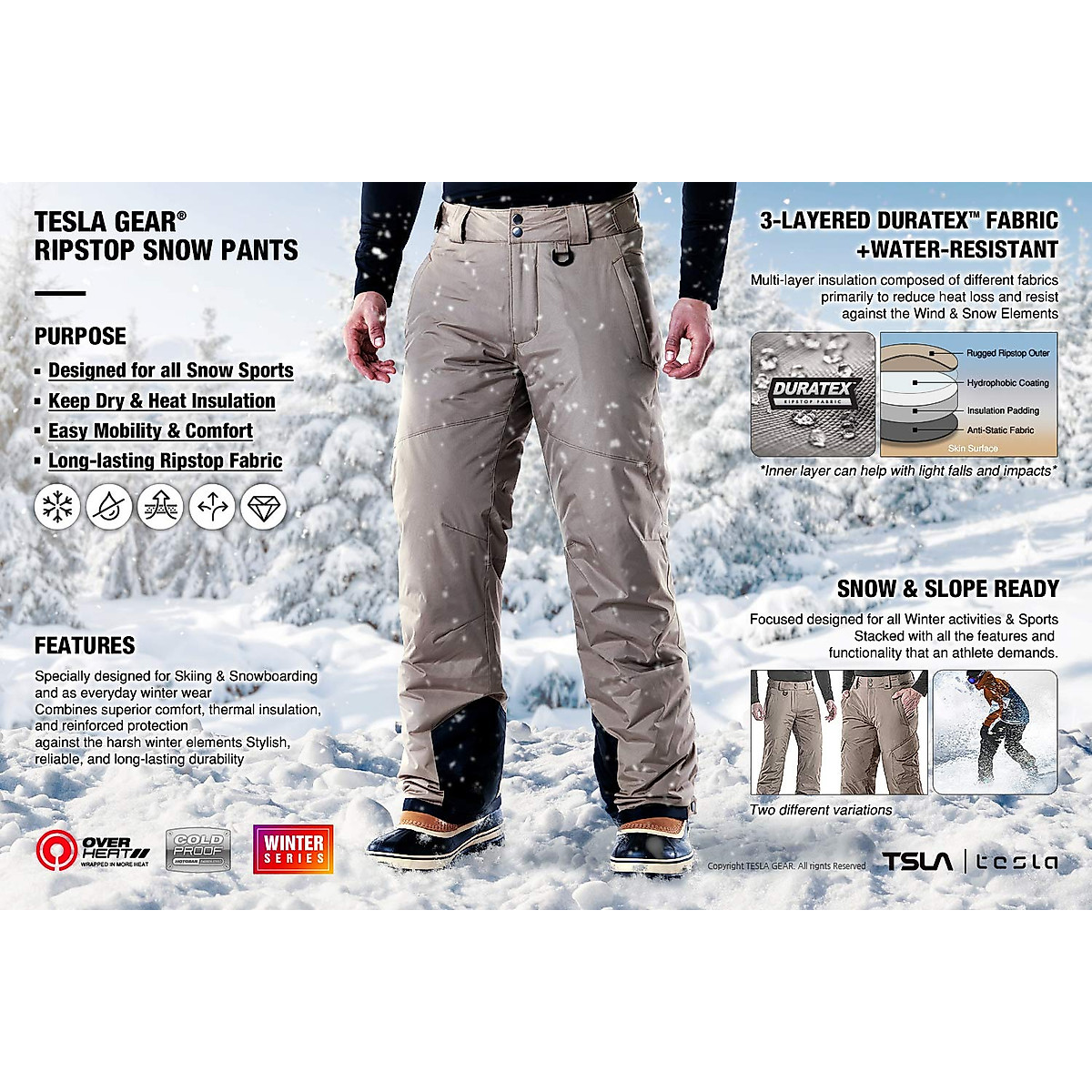 TSLA Men's Winter Snow Pants, Waterproof Insulated Ski Pants, Ripstop Windproof Snowboard Bottoms, Snow Cargo Black, Large