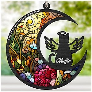 Cat Memorial Suncatcher for Windows Stained Glass,Pet Sympathy Gift to Memorialize The Loss,Unique Angel Cat Statue Suncatchers with Personalized Decorations