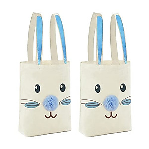 ATFUNSHOP 2 Pcs Easter Canvas Tote Bag for Kids Reusable Large Easter Bunny Bags Baskets for Easter Egg Hunt Baby Shower Birthday Party Supplies (Blue)