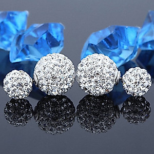 BG&WLing Front Back Earrings Crystal Ball Earring Studs Sparkly Double Ball Sterling Silver Post Stud Earrings Hypoallergenic Dainty Jewelry for Women