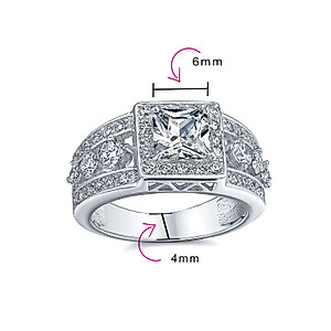 Bling Jewelry Personalize Square Cut Halo AAA CZ Art Deco Style Princess Engagement Ring For Women Wide 3 Row Band .925 Sterling Silver Promise Ring Custom Engraved