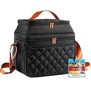 BAGSPRITE Lunch Bag for Women Men, Double Deck Lunch Box with Ice Pack, Insulated Lunch Bag Women for Work, Leakproof Cooler Tote Bags, Thermal Kids Lunch Box for School, Black