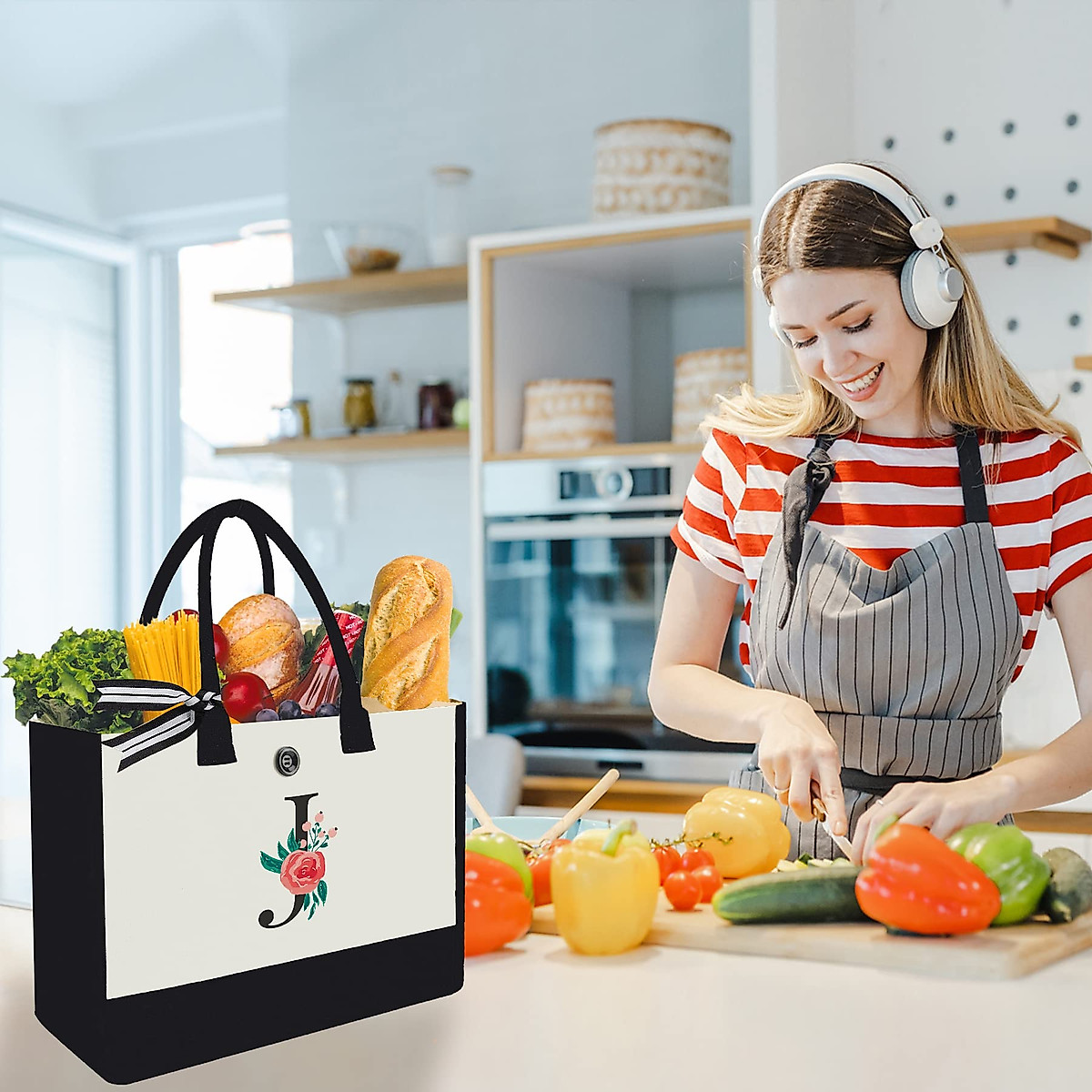 Binggemen Personalized Initial Canvas Tote Bag, Monogrammed Gifts Bag for Wedding,Birthday, Present Beach Bag for Women, Mom, Bridesmaids,Teachers