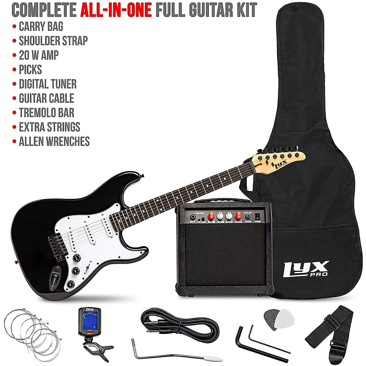 LyxPro Full Size Electric Guitar Black with 20w Amp Package, Mackie Onyx Artist 2-2 Audio/Midi interface With Pro Tools First/Tracktion Music Production Software Kit With Professional Headphones