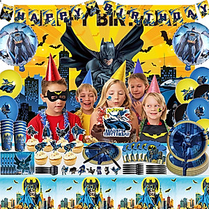 186PCS batm Birthday Party Supplies,Superhero Party Decorations Set Include Birthday Banner,Cake Topper,Cupcake Toppers,Tablecloth,Napkins,7Inch Plates,Invitation Card,Knives,Forks,Spoons