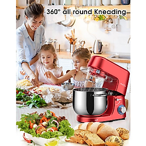 8.5 QT Double Handle KUCCU Stand Mixer, 6 Speed with Pulse Electric Kitchen Mixer, 660W Tilt-Head Food Mixer with Dishwasher-Safe Dough Hook, Flat Beater, Whisk, Splash Guard for home baking (Red)