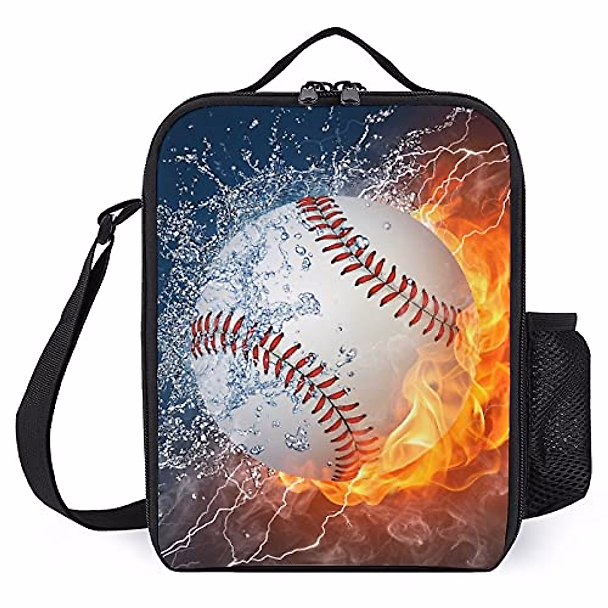 Insulated Lunch Box for Girls Boys, Leakproof Portable Lunch Bags with Adjustable Shoulder Strap and Side Pocket, Durable Reusable Cooler Tote Bag for Beach/Picnic/Office/Collega (Fire Baseball)