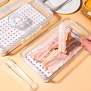 2 Pack Bacon Container with Lids for Refrigerator, Deli Meat Cheese Storage Container with Date Record, Bacon Tray Holder for Fridge, Bacon Saver Keeper with Food Serving Tongs and Drain Plate