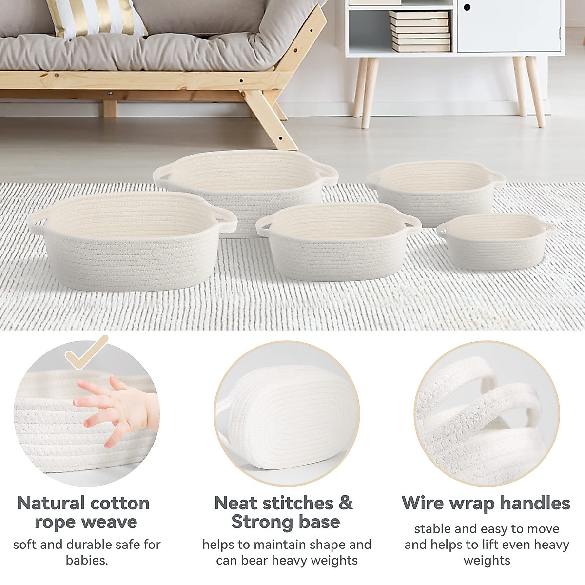 VOOWO Set of 5 Rope Basket, Woven Rope Baskets for Storage, Baskets for Gifts Empty, Small Rope Basket for Organizing, Nursery Rope Basket, Cotton Rope Basket, Woven Basket for Shelves (Off White)