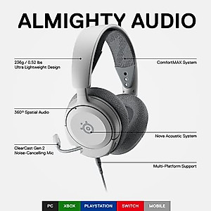 NEW SteelSeries Arctis Nova 1 Multi-System Gaming Headset — Hi-Fi Drivers — 360° Spatial Audio — Comfort Design — Durable — Ultra Lightweight — Noise-Cancelling Mic — PC, PS5/PS4, Switch, Xbox - White