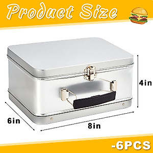 6 Pack DIY Lunch Box Tin Retro Set 8 x 6 x 4 inches with Hinged Lids DIY Large Fun Box for Storage Blank Design Vintage Metal Lunch Box for Kids Sandwich Containers (Silver)