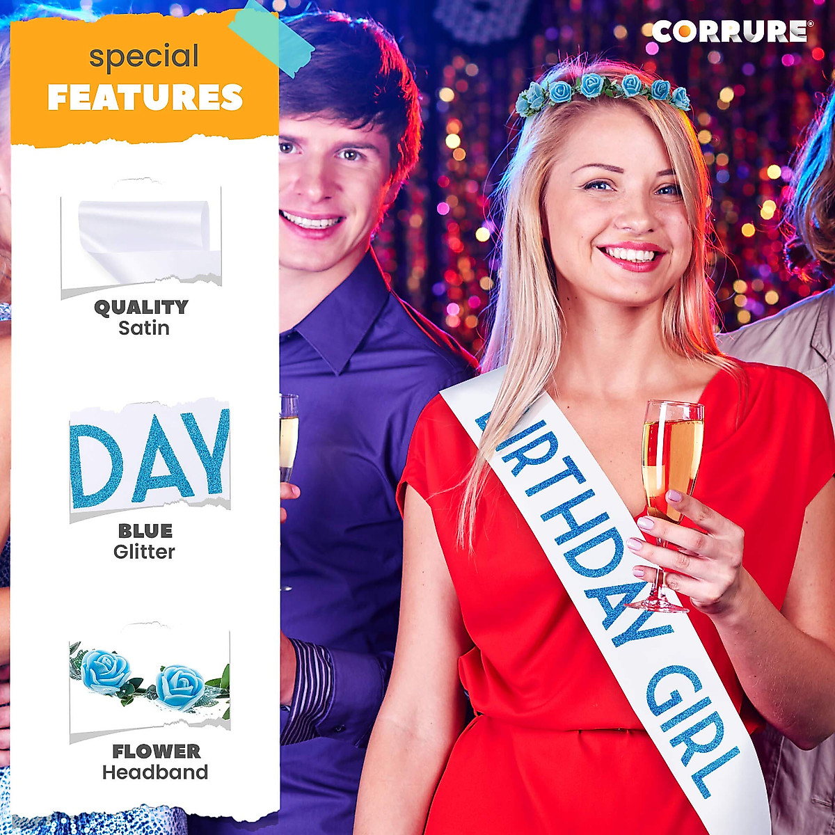 CORRURE 'Birthday Girl' Sash and Tiara - Soft Satin Black with Blue Glitter Birthday Sash for Women with Flower Headband - Ideal Sweet 16, 18th 21st 25th 30th 40th or Any Other Bday Party