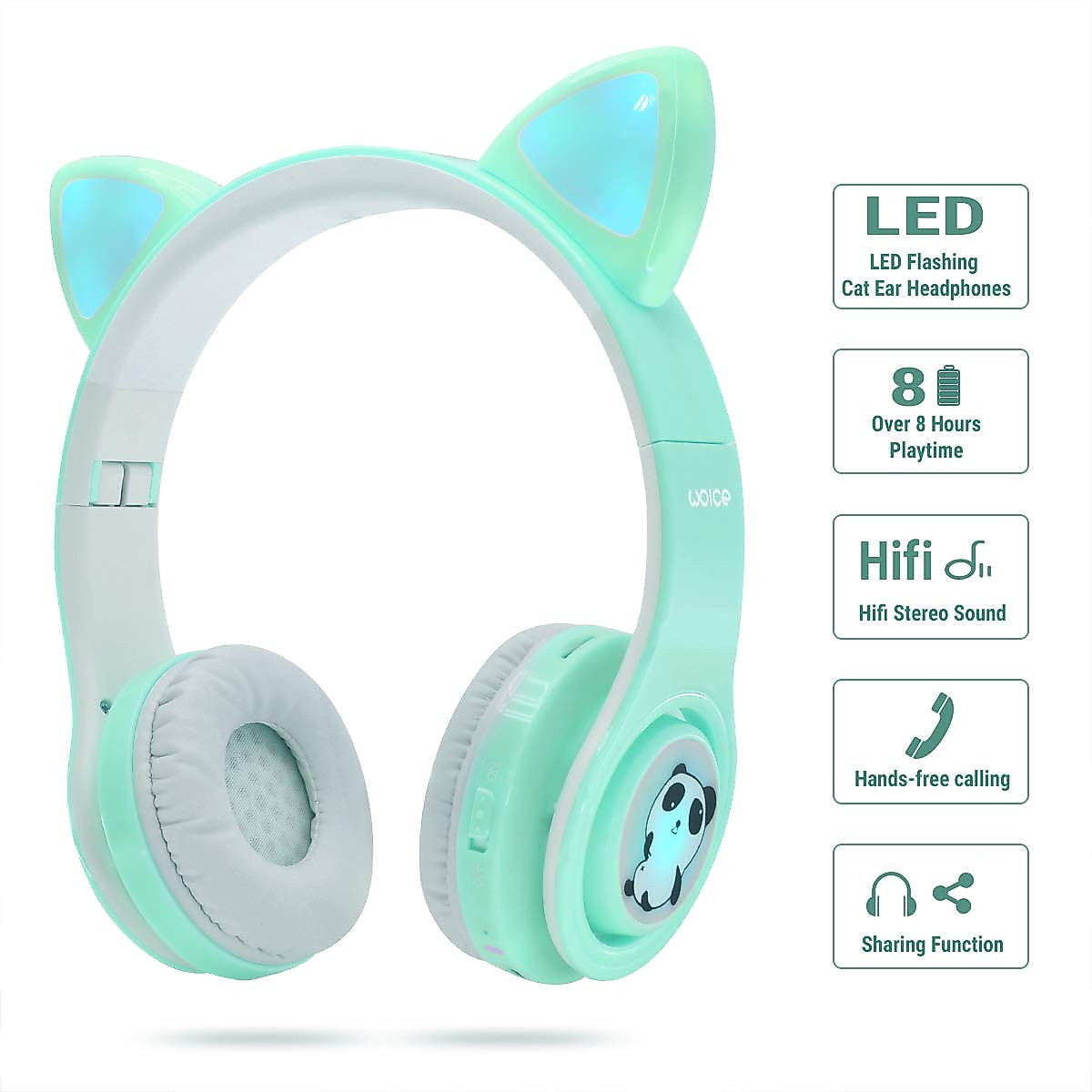Woice Kids Bluetooth Headphones, Cat Ear LED Light Wireless Foldable Headphones Over Ear with Mic, Music Sharing Function and 0-85dB /110dB Limited for iPhone/iPad/Smartphones/Laptop/PC(Mint)