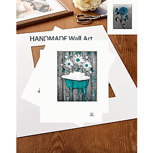 Blue Brown Rustic Farmhouse Daisy Flowers Photography Home Decor Matted Wall Art Picture (Brown Blue) (Yellow)