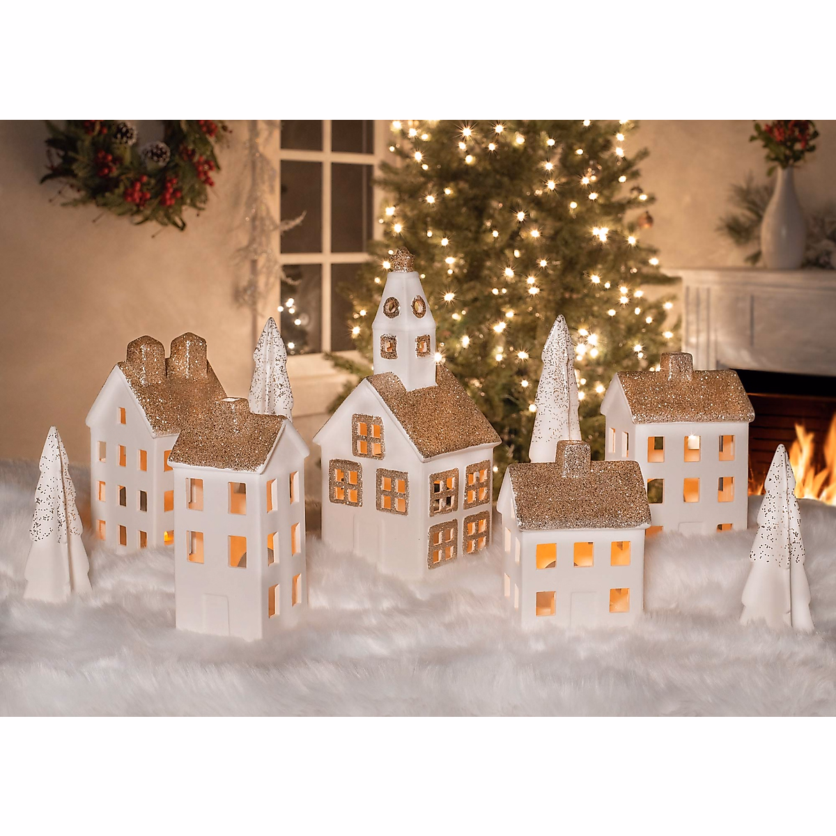 Mark Feldstein & Associates Village White Glitter 12 inch Porcelain LED Christmas Figurines 9 Piece Set