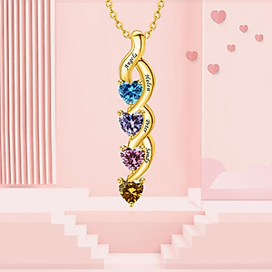 BAUMA AUTO Personalized Mother Name Necklace with 1-6 Heart Simulated Birthstones Mothers Pendant Necklace Engraved Family Necklace for Women Mother's Day Birthday (Style-4)