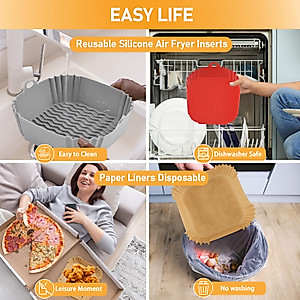 JVJRFQ Square Silicone Air Fryer Liners 8 inch with Paper Liners Disposable for 4 to 7 QT, 2-Pack Reusable Silicone Air Fryer Inserts for Oven Microwave Accessories