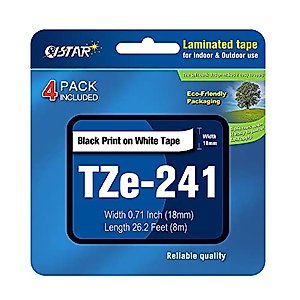 ISTAR Compatible Label Tape Replacement for Brother P-Touch TZe-241 TZe241 TZ-241 to use with Label Maker PTD400 PT-D450 PTD600 PTD400AD, 0.71 Inch (18mm) x 26.2 Feet (8m), Black on White, 4-Pack