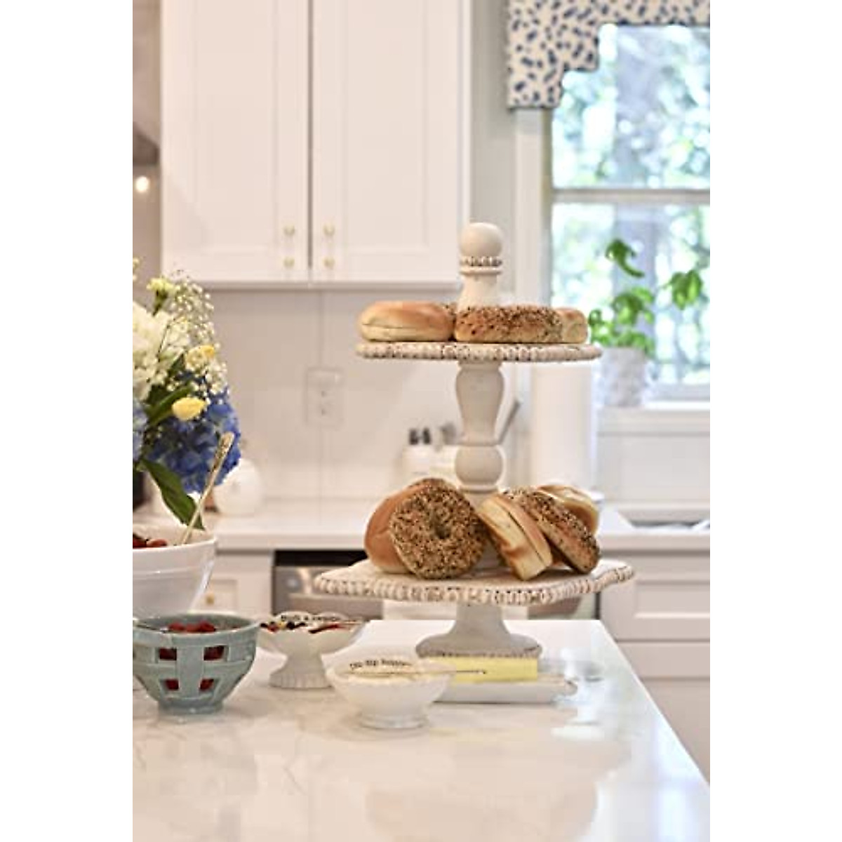 Mud Pie White Beaded Tiered Server, 20" x 13"