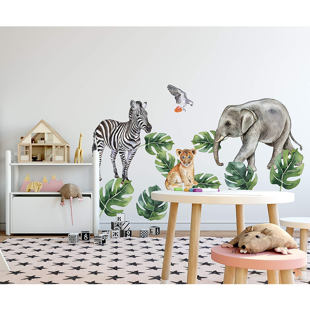 Murwall Kids Wall Decal Peel and Stick Safari Animal Wall Decals Cute African Animals Set Wall Sticker Zebra Giraffe Elephant Lion Leaves Sticker Kids Room Childroom