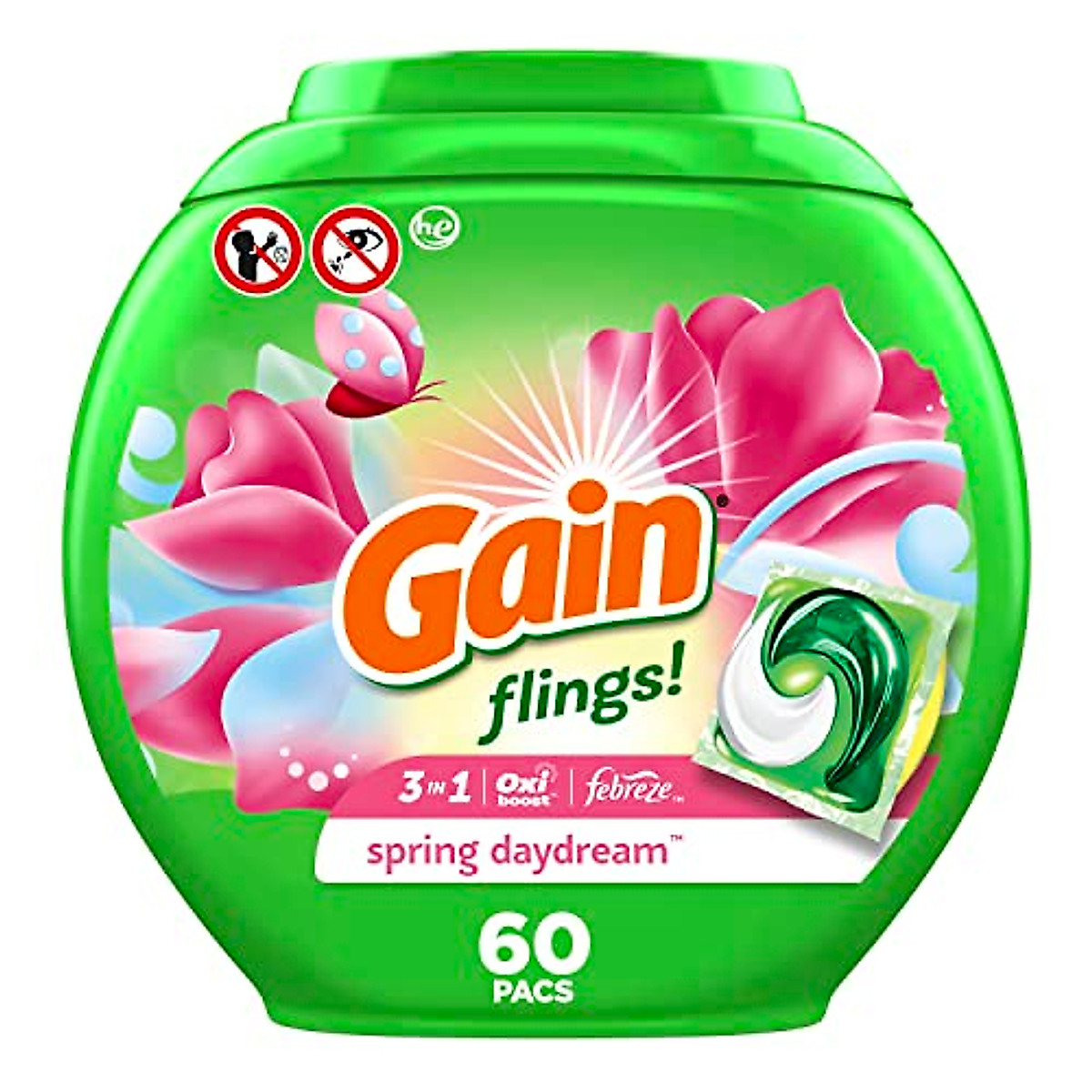 Gain flings! Laundry Detergent Soap Pacs HE Compatible 60 ct Long Lasting Scent Spring Daydream