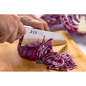 Yasuda Hamono M100 Damascus Santoku Knife, Minamotetsu, Silver Color, 7.1 inches (180 mm)