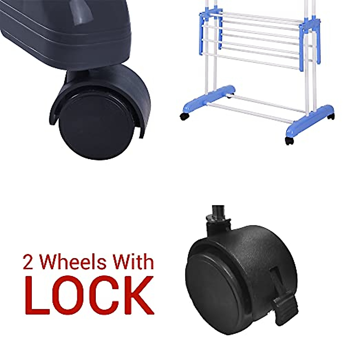 Aquaterior Folding 3 Tier Clothes Drying Rack Rolling Collapsible Garment Laundry Dryer Hanger Stand Rail with Two Side Wings Indoor Blue