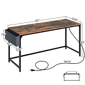 Rolanstar Computer Desk with Power Outlet, 63” Home Office PC Desk with USB Ports Charging Station, Desktop Table with Side Storage Bag and Iron Hooks, Stable Metal Frame Workstation, Rustic Brown