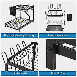 YWCMESDM Dish Drying Rack, Multifunctional Dish Rack with Drainboard & Utensil Holder, 2 Tier Stainless Steel Dish Racks, Dish Drainers with a Large Capacity for Kitchen Counter (Black)