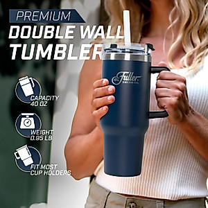 Fuller Brush Stainless Steel Tumbler with Handle - 40 oz. – Lead & BPA-Free - Double-Wall Insulated Travel Mug – Keeps Drinks Hot or Cold for Hours – Spill-Resistant Lid & Straw (Steel Blue)